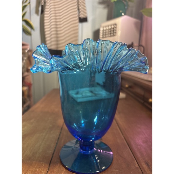 BLENKO | Accents | Blenko Art Glass Azure Blue Ruffle Blown Glass ...